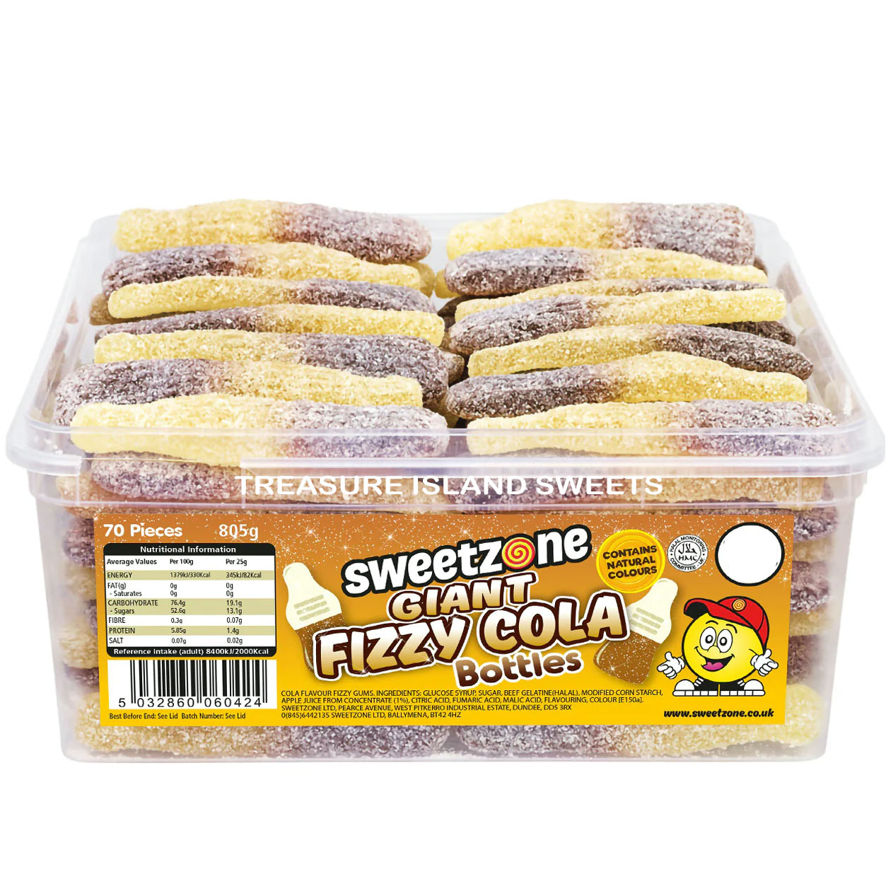 Giant Fizzy Cola Bottles Tub 70pcs (805g) - treasureislandsweets.co.uk